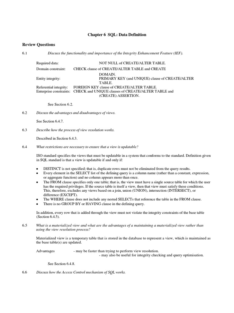 Chapter 6 SQL: Data Definition Review Questions | PDF | Sql | Relational Database