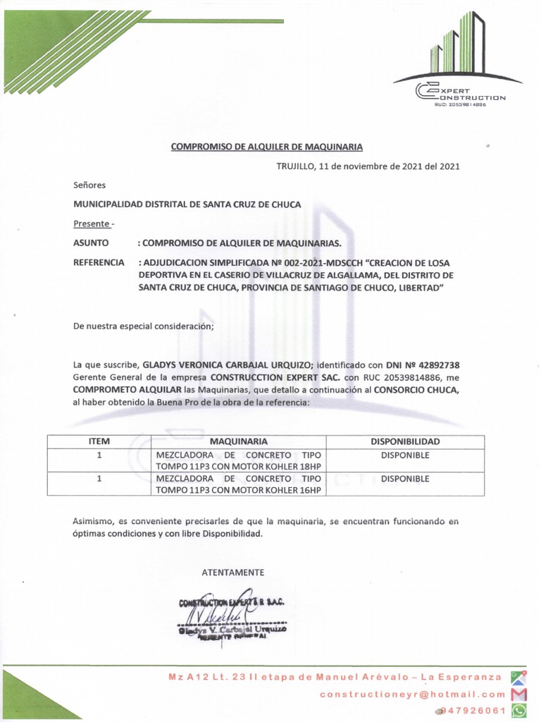 Compromiso De Alquiler De Maquinaria Pdf