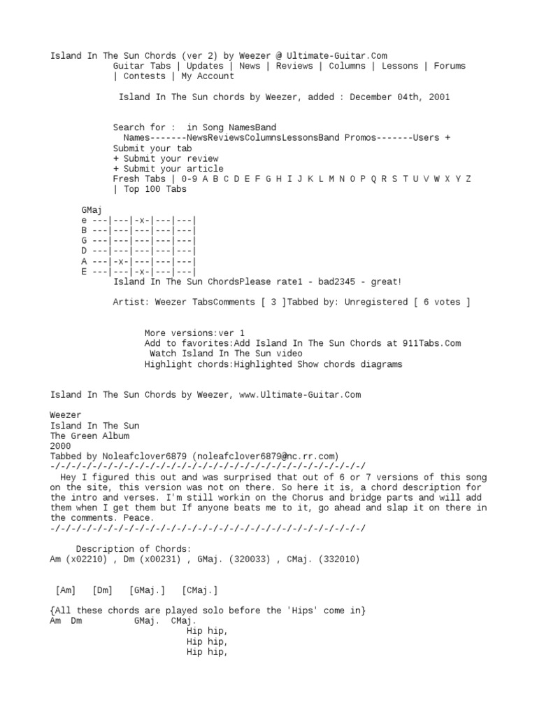Island in The Sun Chords (Ver 2) by Weezer at Ultimate-Guitar - Com ...