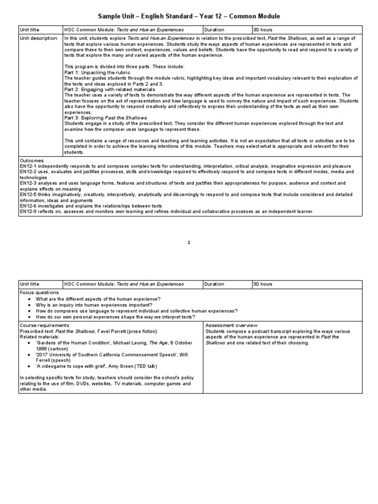 Sample-Unit-Standard-Year-12-Common-Module-Past-The-Shallows 2 | PDF ...