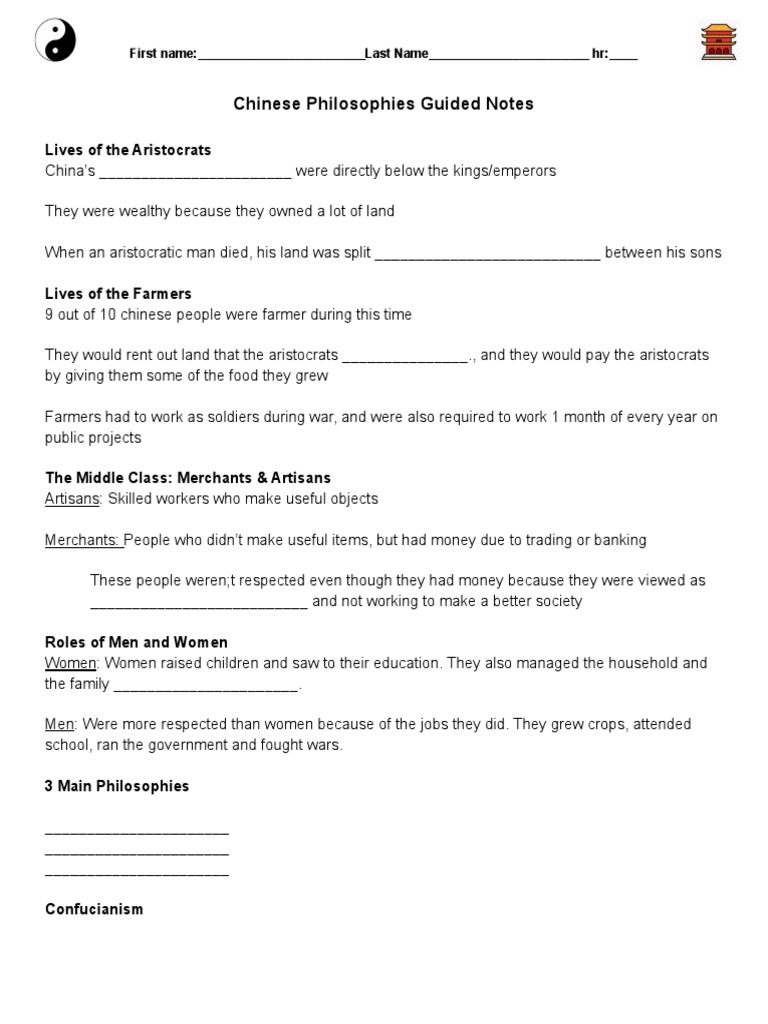 Unit 3 Lesson 2 Chinese Philosophies Guided Notes | PDF