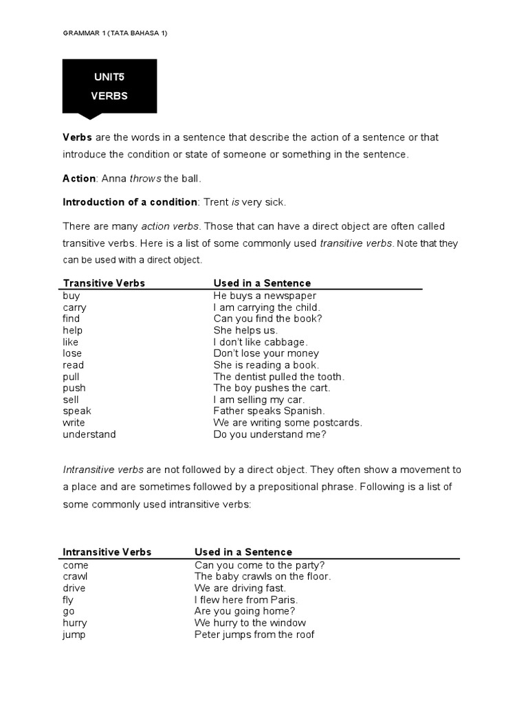 Unit5 Verbs: Verbs Are The Words in A Sentence That Describe The Action of A Sentence or That ...