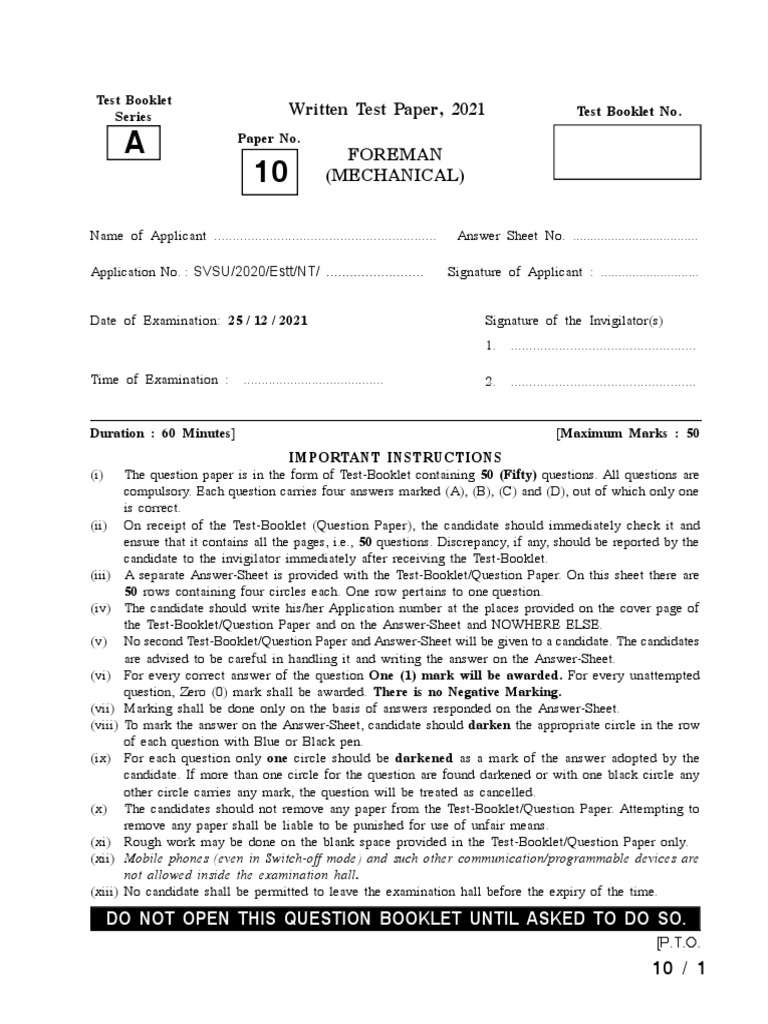 Written Test Paper, 2021 Foreman (Mechanical) | PDF | Heat Transfer | Gear