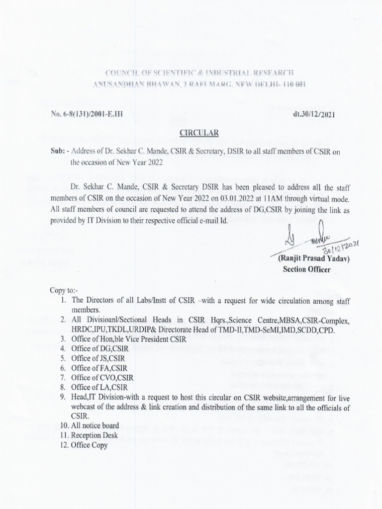 Address of DG, CSIR & Secretary, DSIR To All Staff Members of CSIR On ...