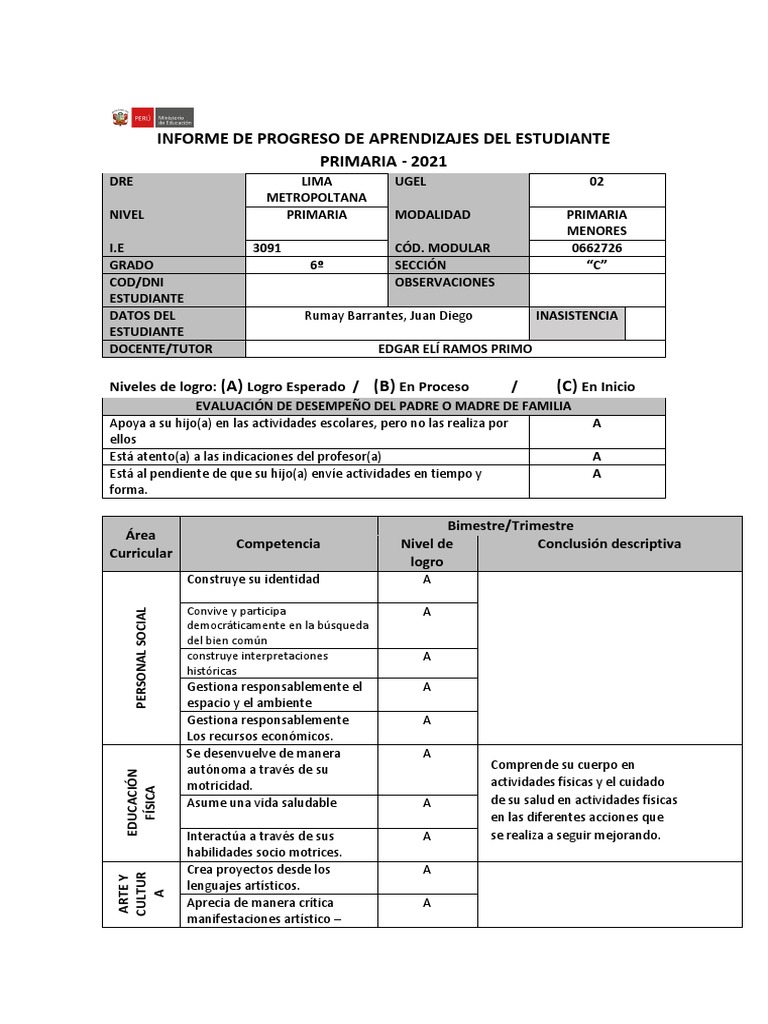 Informe de Progreso de Aprendizajes Del Estudiante | PDF | Maestros ...