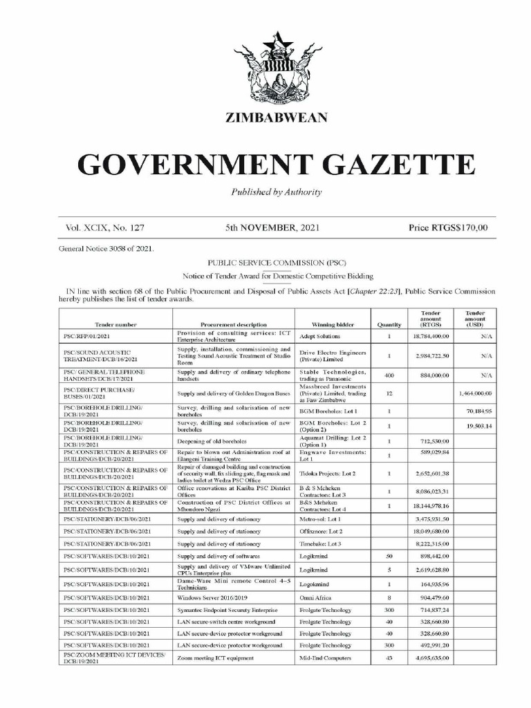ZW Government Gazette Dated 2021 11 05 No 127 | PDF | Procurement ...