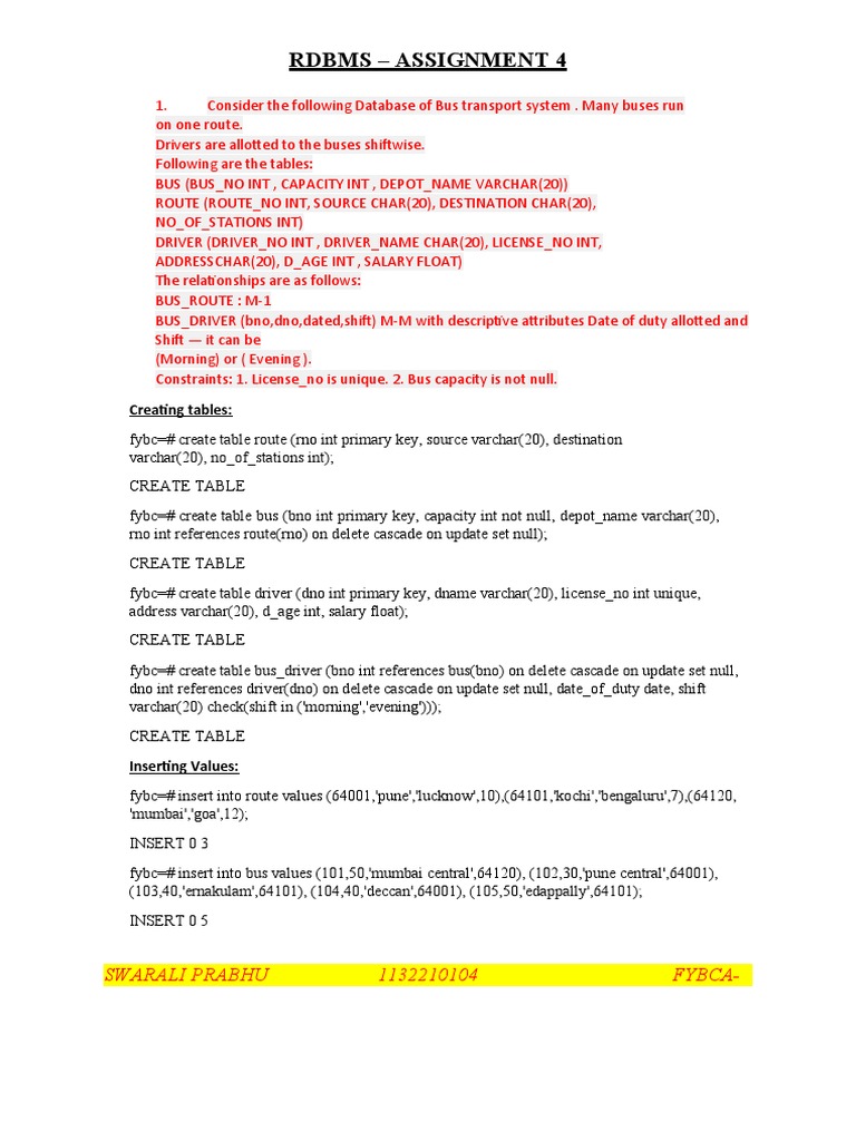 Swarali Prabhu - 1132210104 - RDBMS Assignment 4 | PDF | Relational Database | Data Management