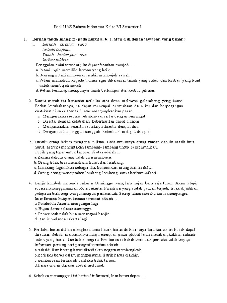 Soal UAS Bahasa Indonesia Kelas VI Semester 1-Dikonversi | PDF