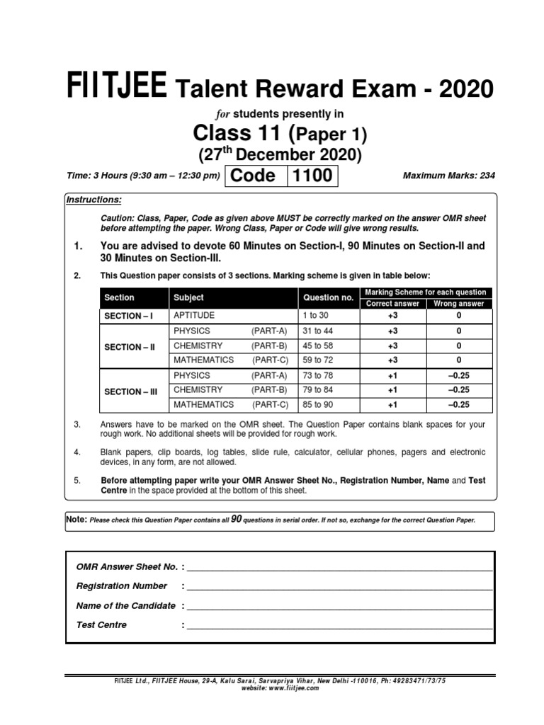 Fiitjee: Talent Reward Exam - 2020 | Download Free PDF | Mass | Velocity