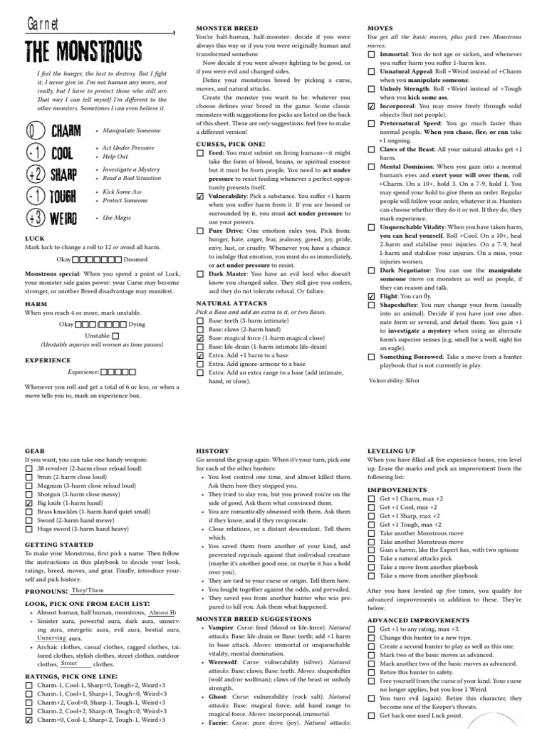 Monster of The Week Revised Playbooks Formfillable Pages 13 14 | PDF ...