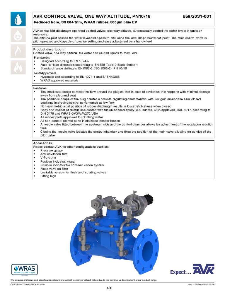 Avk Control Valve, One Way Altitude, Pn10/16 859/2031-001: Reduced Bore ...