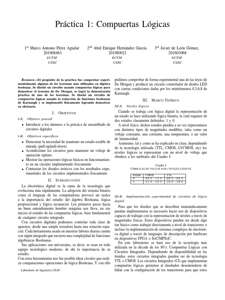 Práctica de circuitos lógicos con compuertas | PDF | Circuito integrado | Puerta lógica
