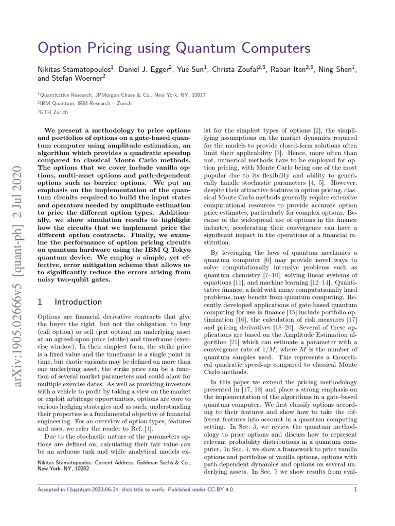 Option Pricing Using Quantum Computers | PDF | Option (Finance) | Applied Mathematics