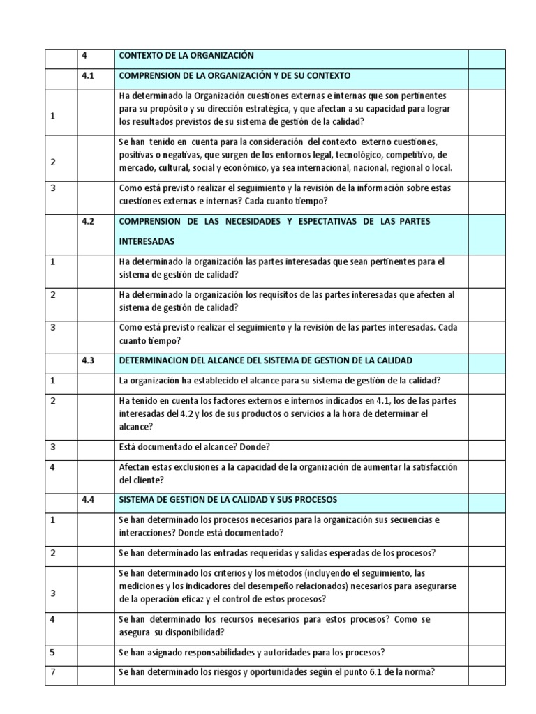 Formato Check Lists Norma Iso9001 | PDF | Calidad (comercial) | Gestión ...