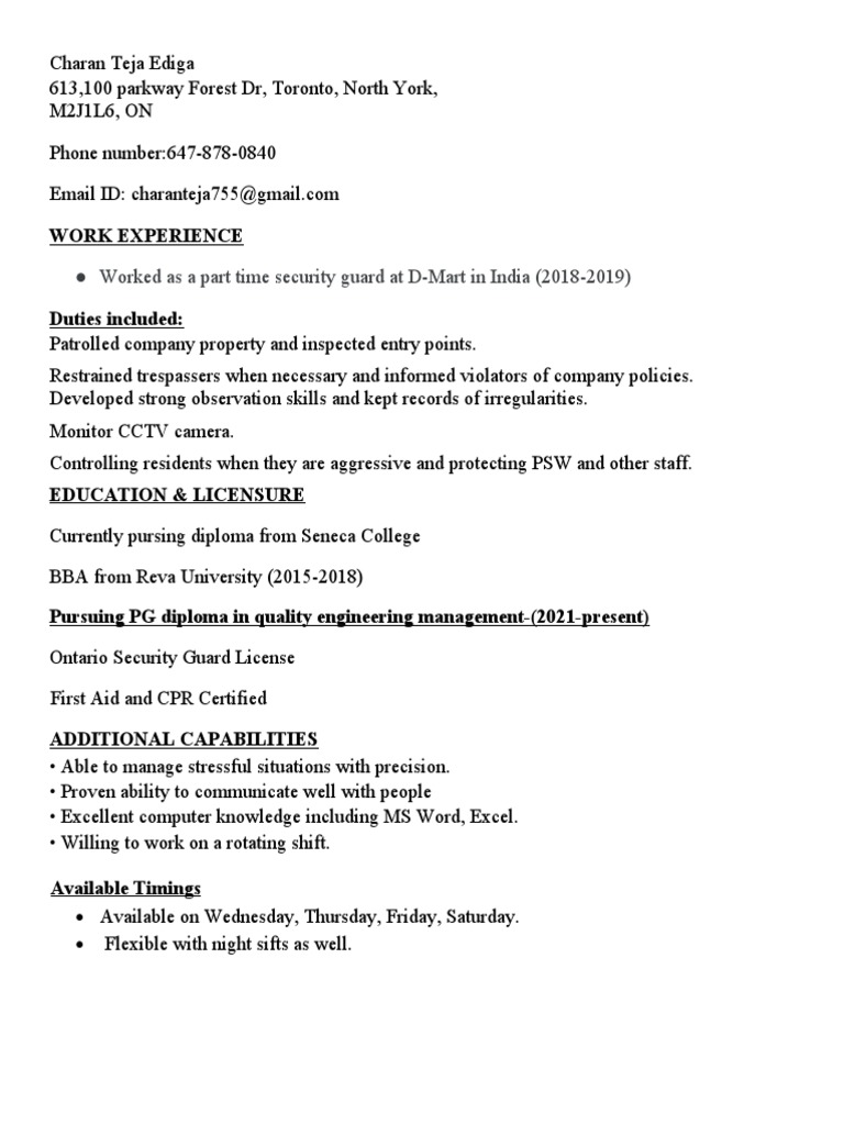 Worked As A Part Time Security Guard at D-Mart in India (2018-2019) | PDF