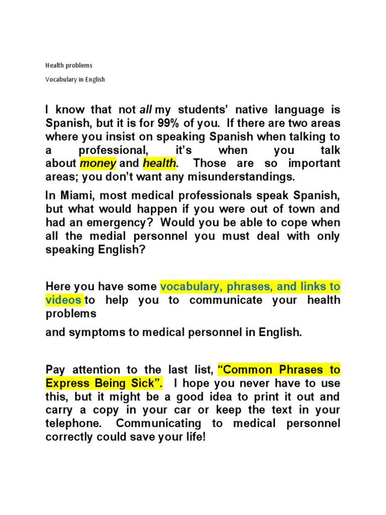 Health Problems Vocabulary | PDF | Human Anatomy | Clinical Medicine