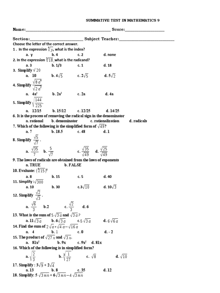Summative Test in Mathematics 9 | PDF | Mathematics | Arithmetic