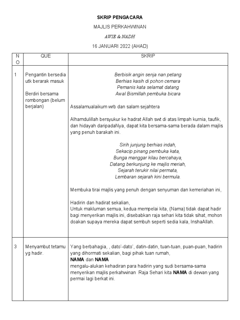 Skrip Pengacara Majlis Perkahwinan | PDF