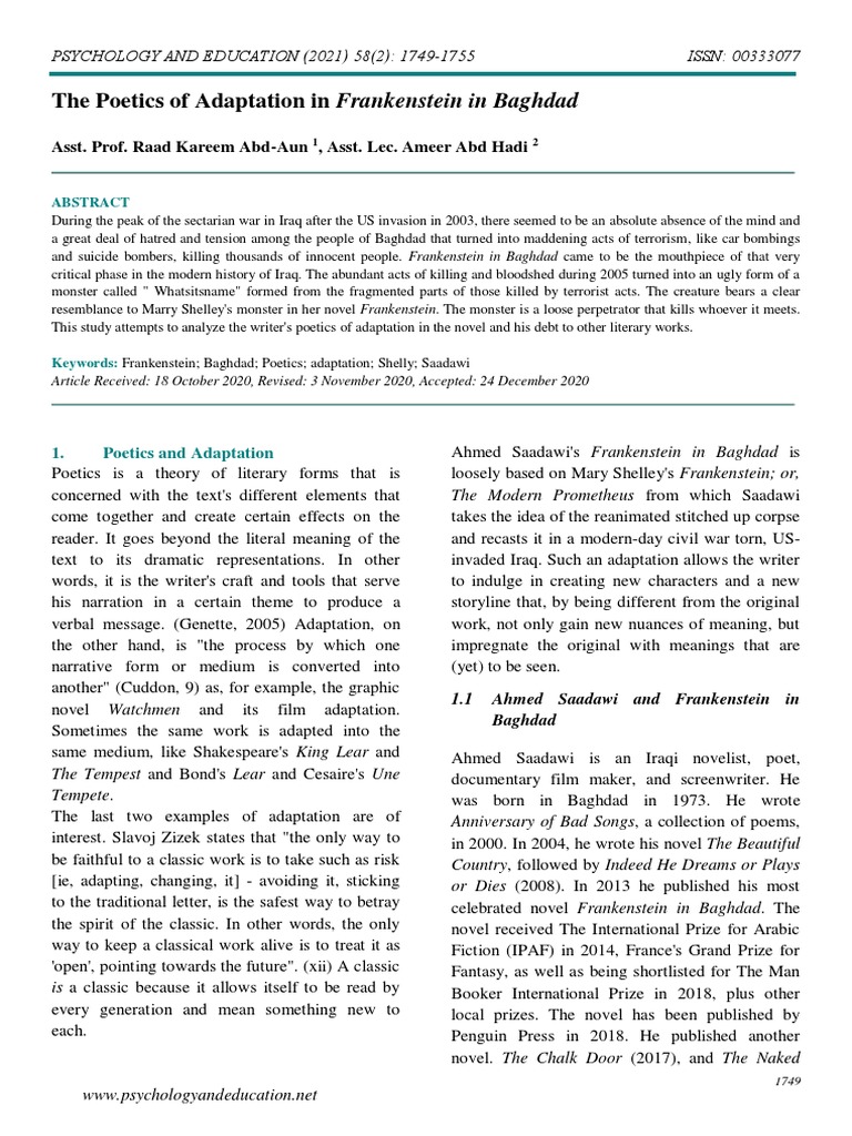 The Poetics of Adaptation in Frankenstein in Baghdad (Psychology and ...