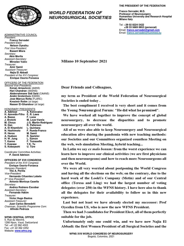 World Federation of Neurosurgical Societies: Milano 10 September 2021 | PDF | Surgery | Neurosurgery