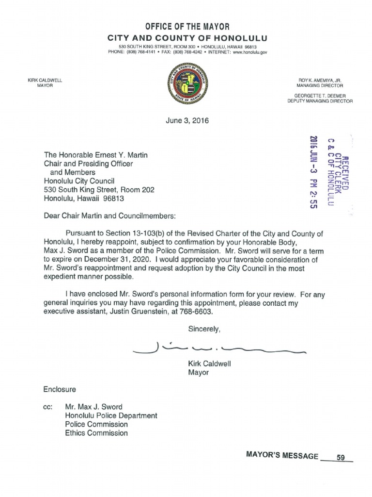 Nominee/Appointment Form For Max John Sword, Police Commission, 2016 ...