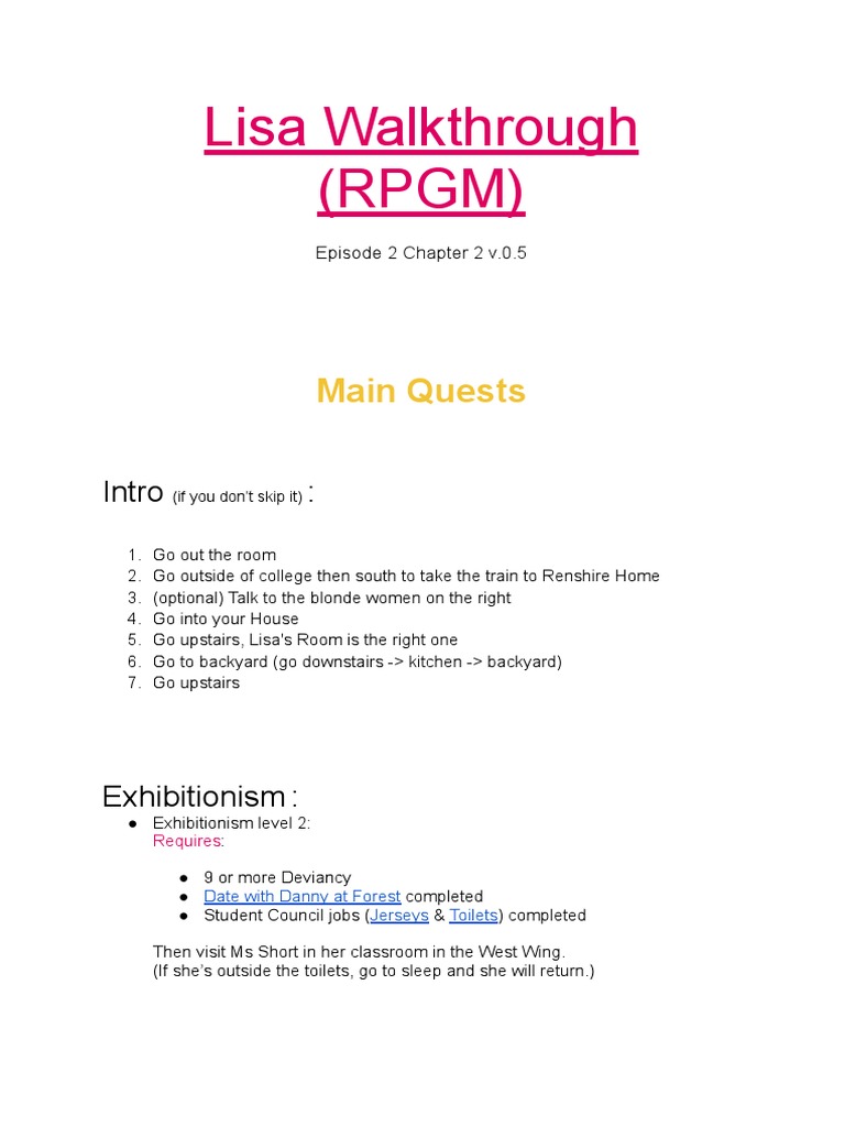 Lisa Walkthrough (RPGM) : Main Quests | PDF