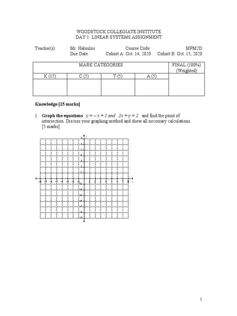 MPM2D Day 1 Linear Systems Assignment 2020 | PDF | System Of Linear Equations | Equations
