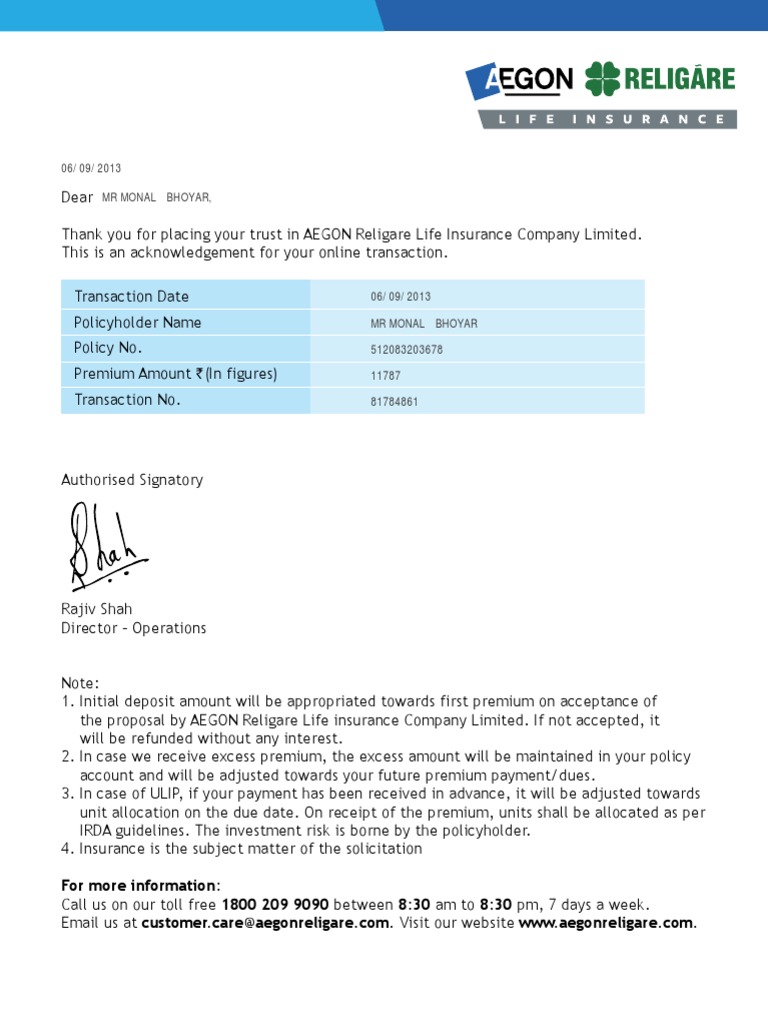 AEGON RELIGARE Premium Payment Receipt 2013 | PDF | Finance & Money ...