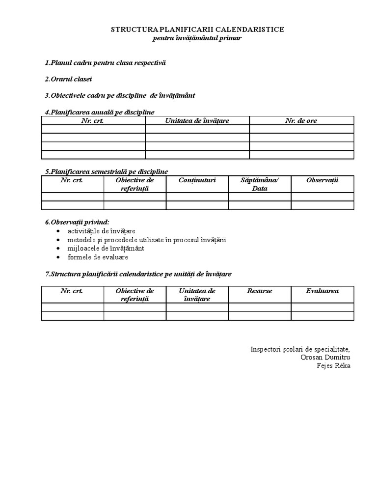Structura Planificarii Calendaristice | PDF