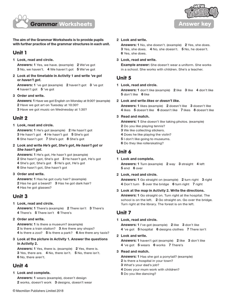 Grammar: Answer Key Worksheets | PDF