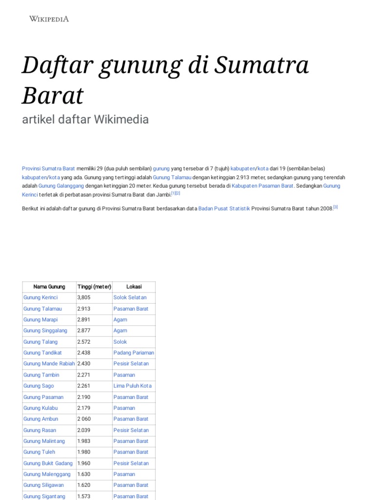 Daftar Gunung Di Sumatra Barat - Wikipedia Bahasa Indonesia, Ensiklopedia Bebas | PDF