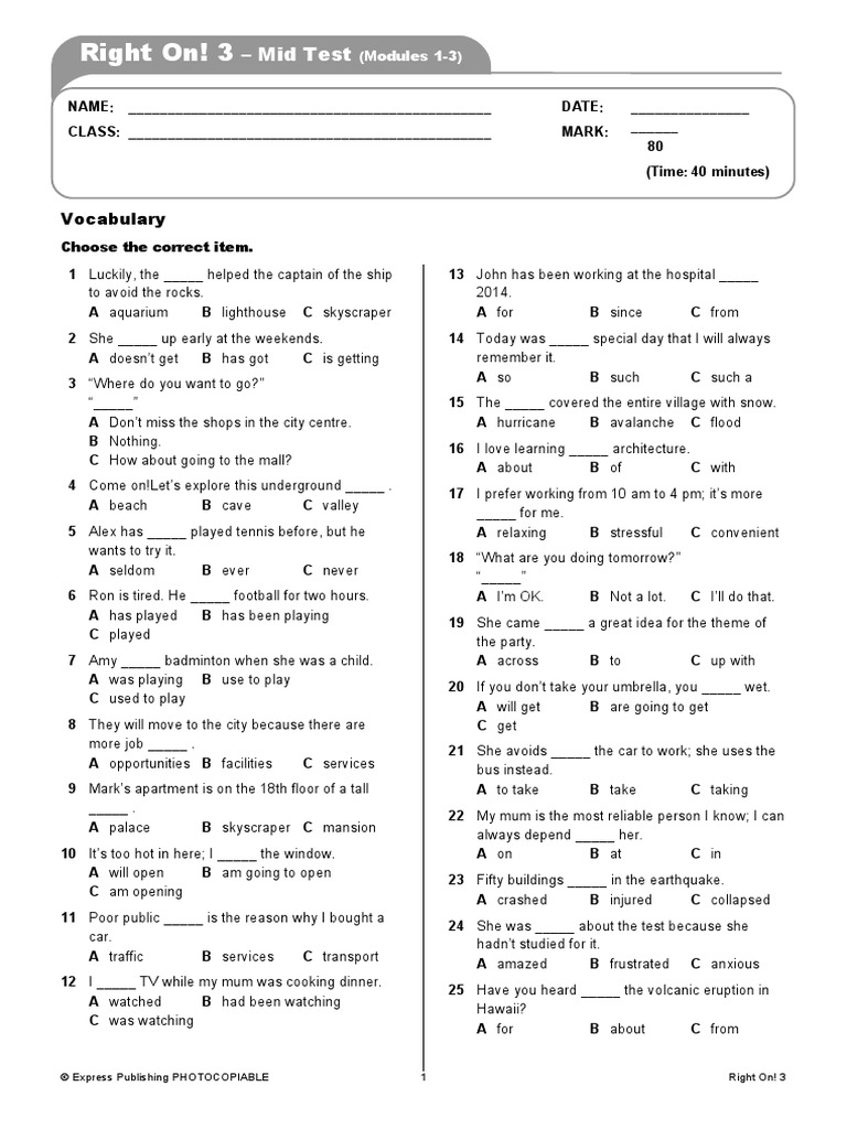 10 Right On 3 - Mid Test | PDF