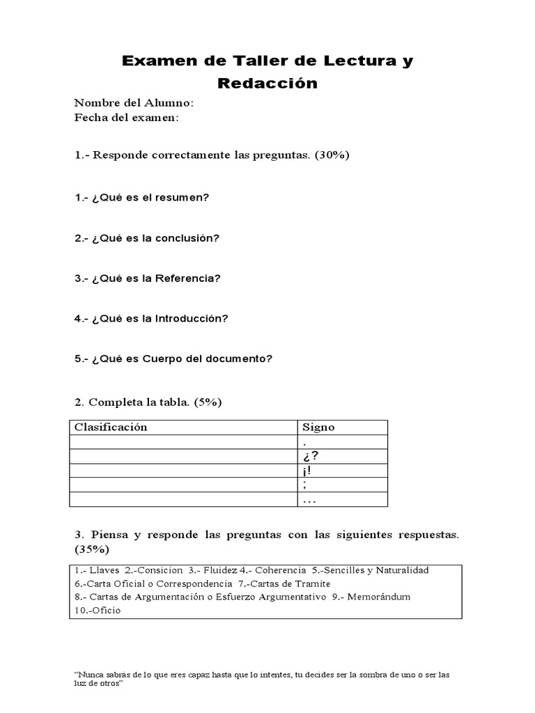 Examen de Taller de Lectura y Redacción | PDF | Prueba (evaluación)
