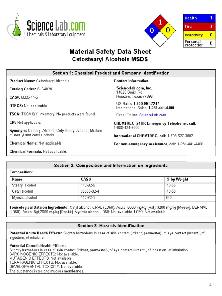Alcohol Cetoestearilico Msds | PDF | Toxicity | Solubility