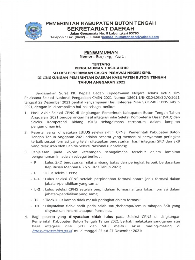 Pengumuman Hasil Integrasi Nilai SKD-SKB - Cpns - Kab. Buteng - 2021 | PDF
