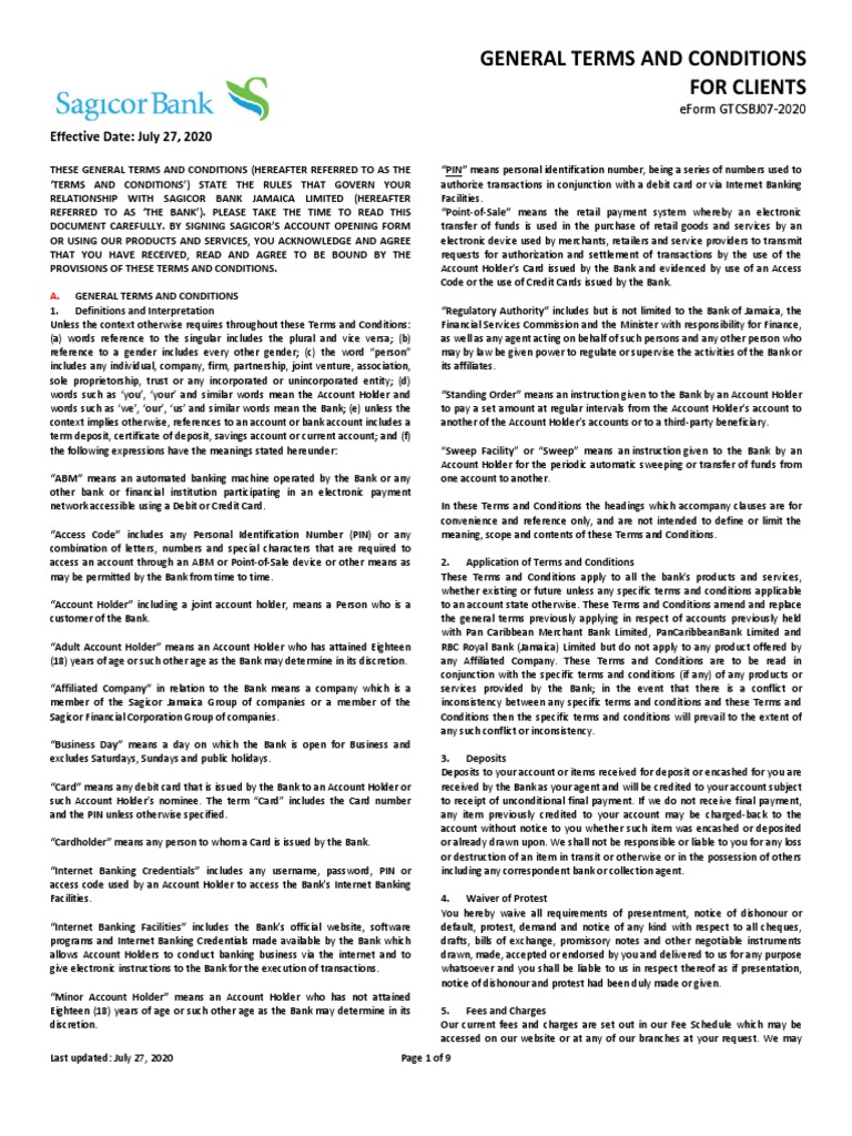 Sagicor Bank Account Terms and Conditions July 27 2020 | PDF | Cheque ...