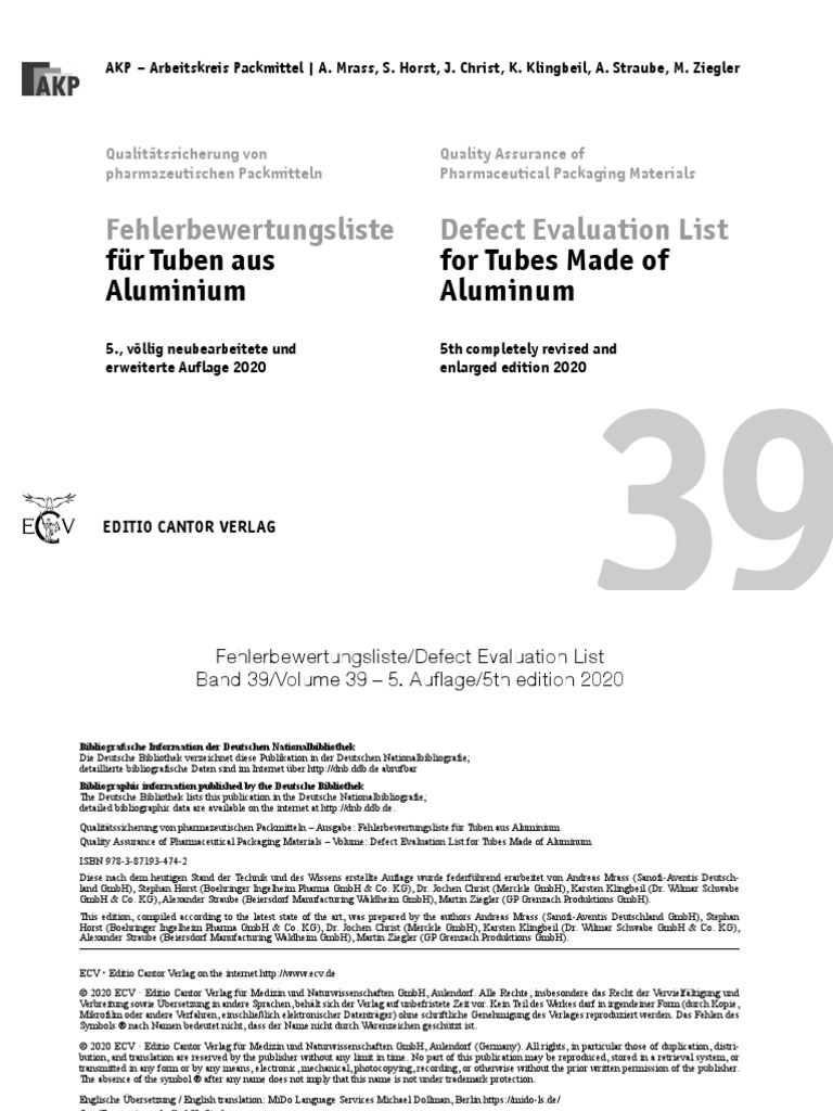 Defect Evaluation List For Tubes Made of Aluminum. Fehlerbewertungsliste Für Tuben Aus Aluminium ...