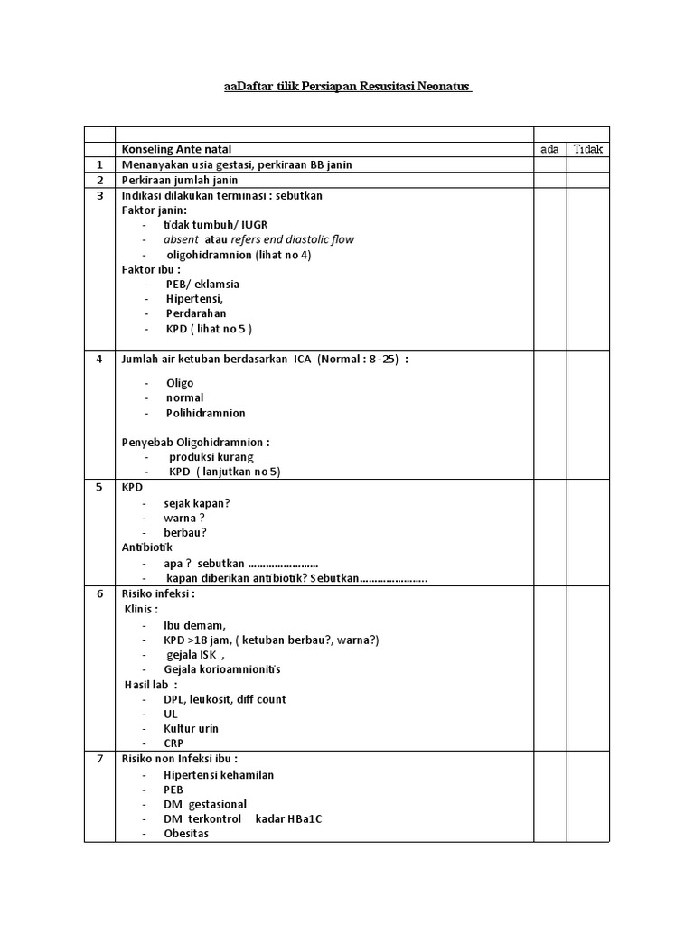 Daftar Tilik Persiapan Resusitasi Neonatus | PDF | Sains & Matematika