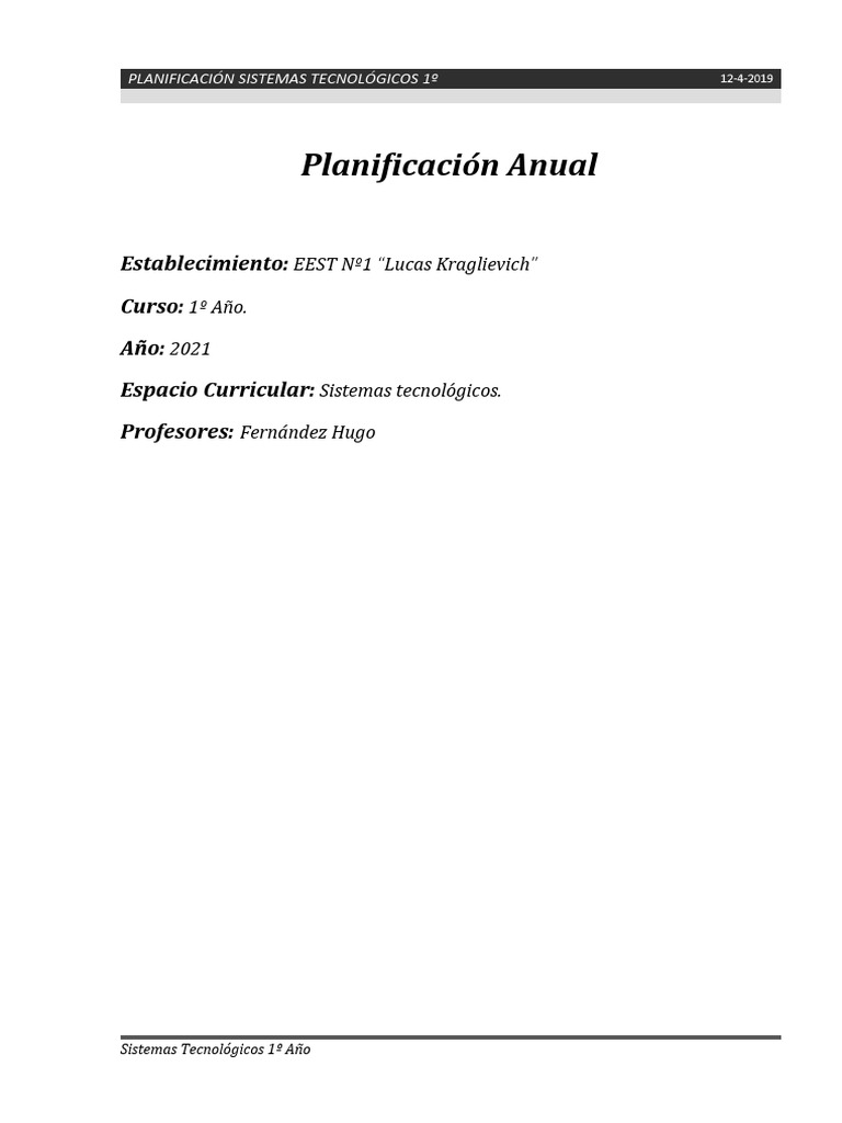 Planificación Sist Tec 1 Año 2021 2 | PDF | Evaluación | Planificación