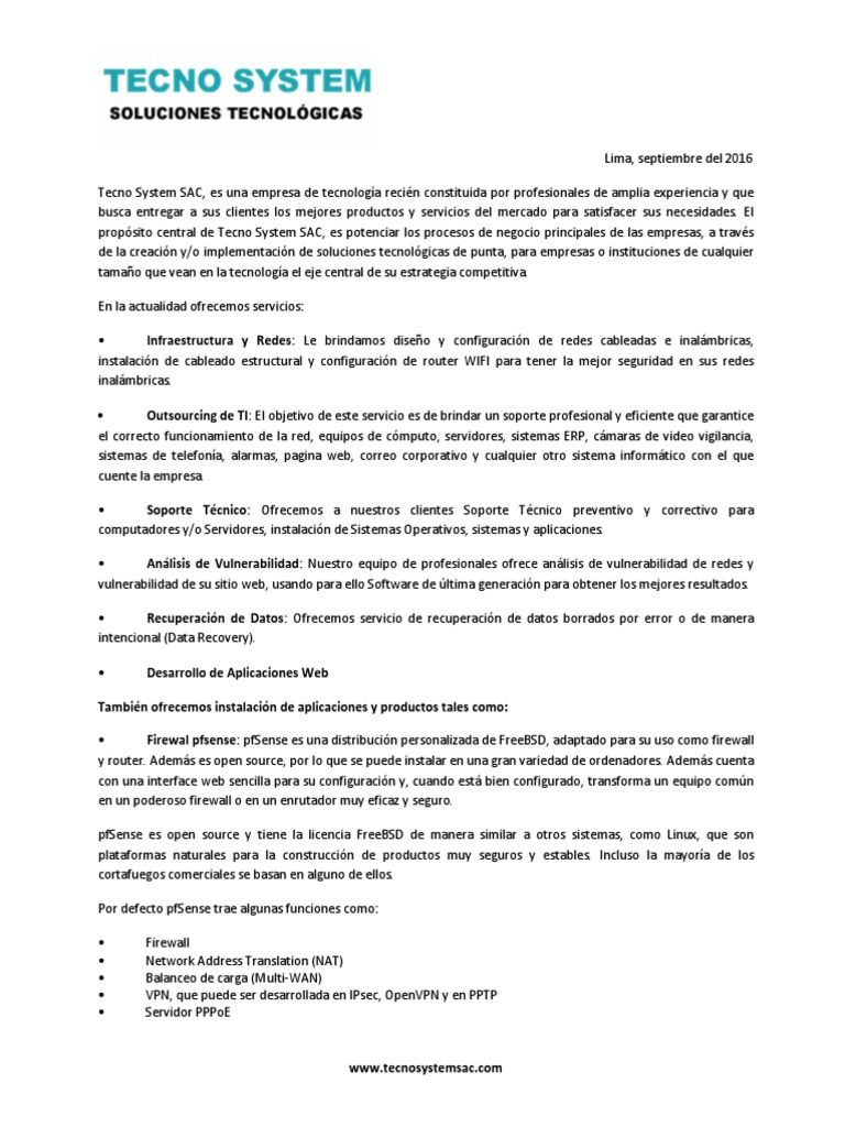 Carta Presentacion Tecno System SAC | PDF | Gestión de registros | Servidor (Computación)