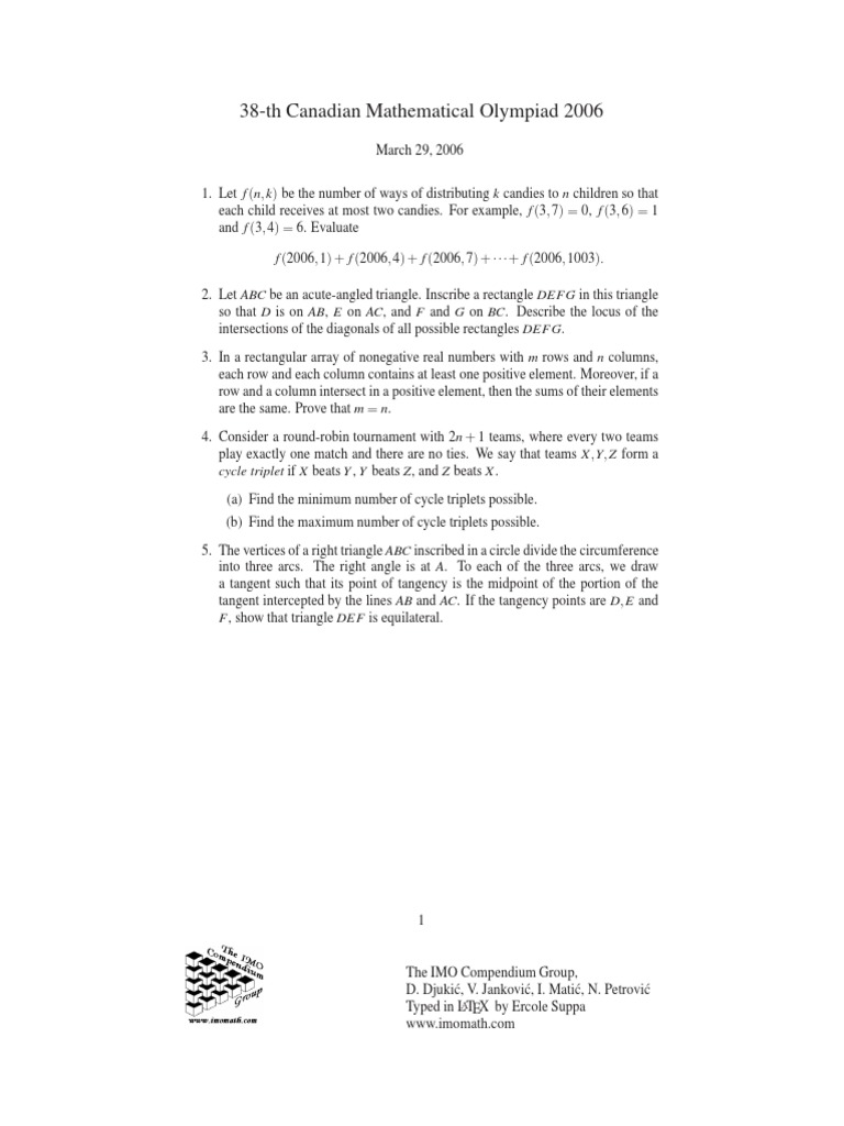 38-th Canadian Mathematical Olympiad 2006 | PDF | Social Science ...