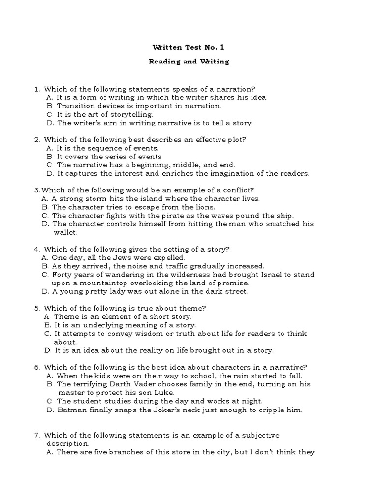 Written Test No. 1 Reading and Writing | PDF | Narrative | Metaphor