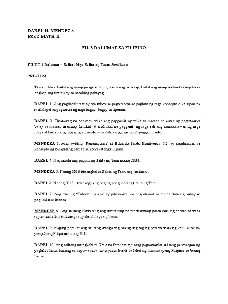 Answer Dalumat Sa Filipino Darel Mendeza | PDF