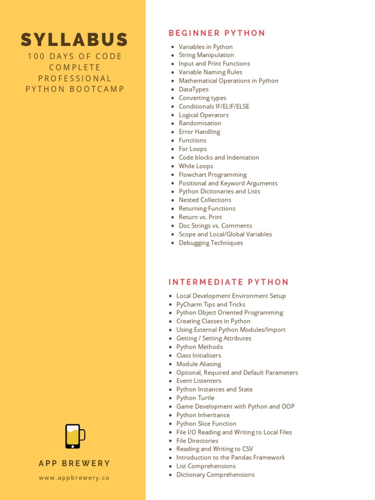 Syllabus: 100 Days of Code Complete Professional Python Bootcamp | Download Free PDF | Python ...