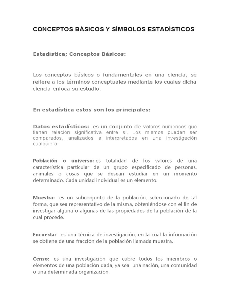 Conceptos Básicos y Símbolos Estadísticos | PDF | Estadísticas | Muestreo (Estadísticas)