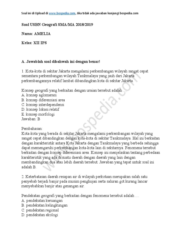 Soal USBN Geografi SMA/MA 2018/2019 | PDF