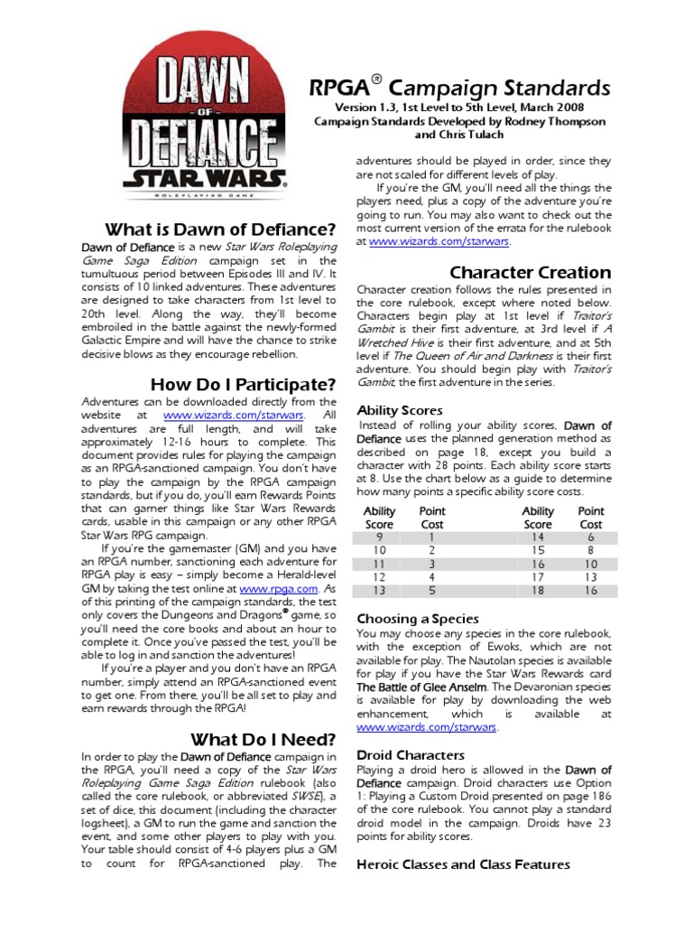 SWD20 (Saga) - Campaign - Dawn of Defiance - Campaign Standards (v1.3 ...