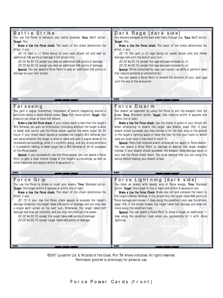 SWD20 (Saga) - Force Power Cards | PDF