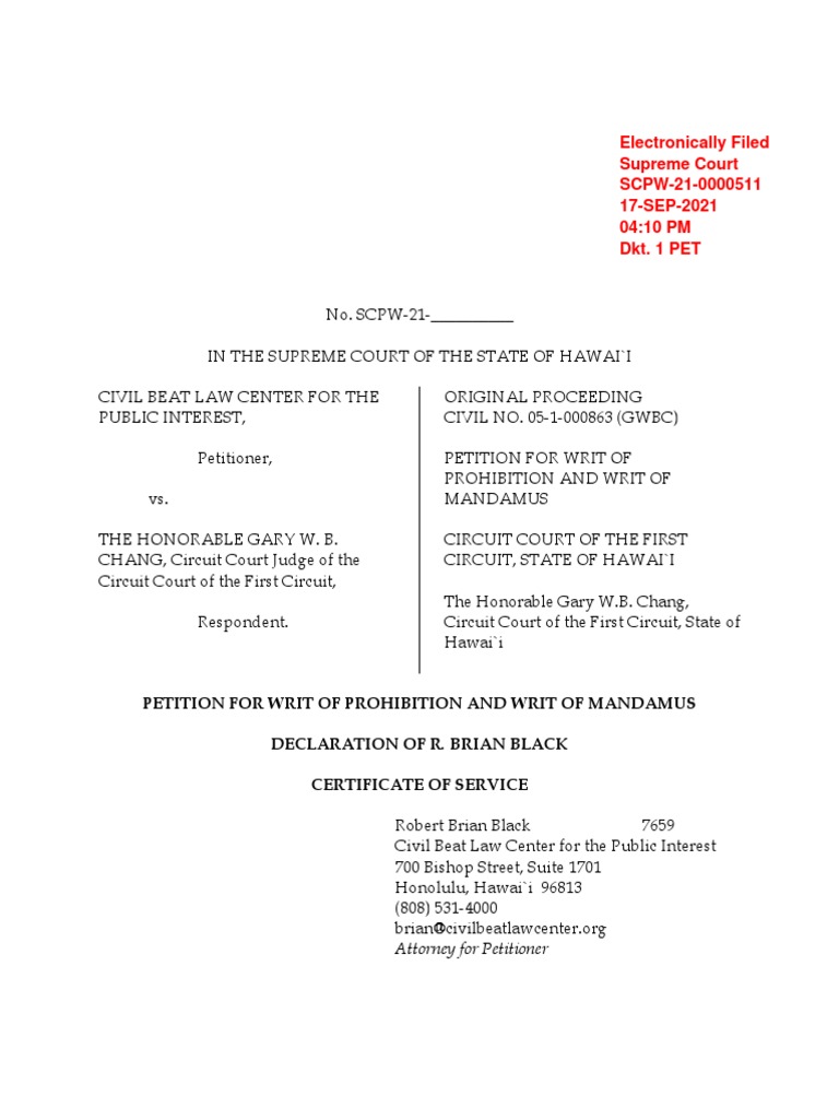 Petition For Writ of Prohibition and Write of Mandamus, Filed by The Civil Beat Law Center For ...