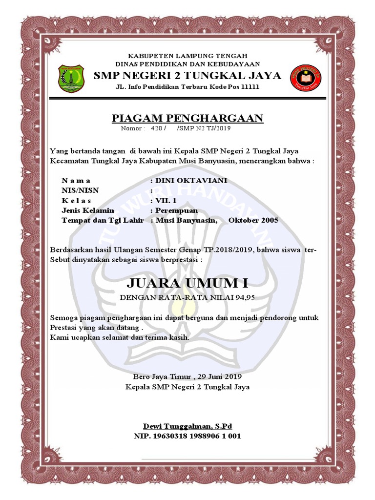 Piagam Siswa Berprestasi | PDF